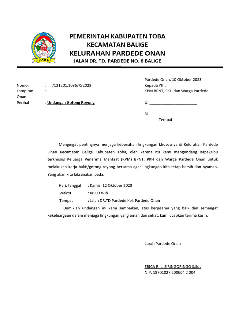 Undangan Gotong Royong di Pardede Onan | PDF | Memasak, Makanan ...