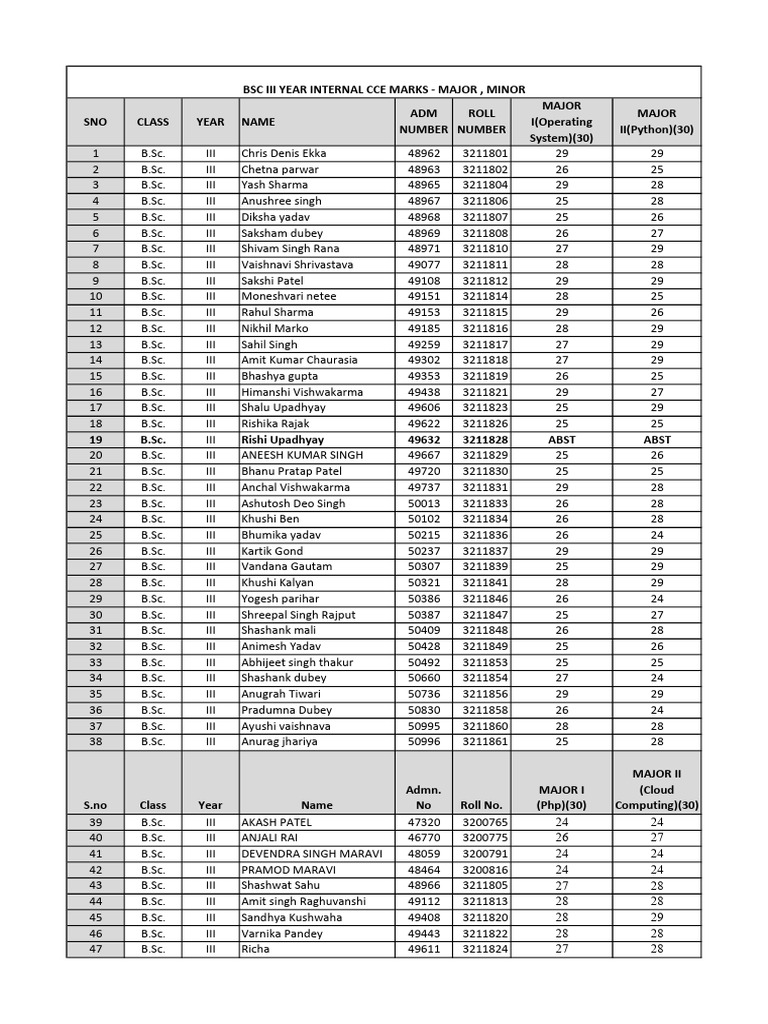 BSC III Year Internal Cce Marks - Major & Minor | PDF