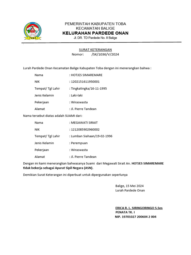 Surat Keterangan Status ASN Toba | PDF