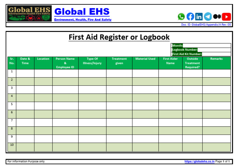 First Aid Register or LogbookGlobal EHS Appendix A | PDF
