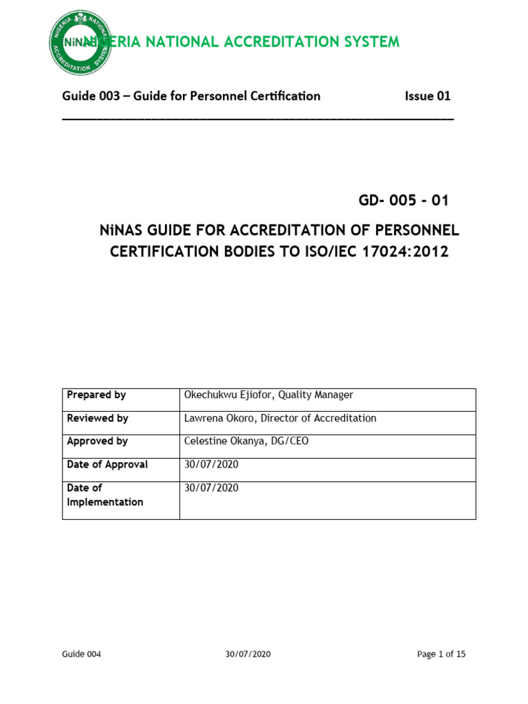 NiNAS Guide for Personnel Certification | PDF | Certification ...