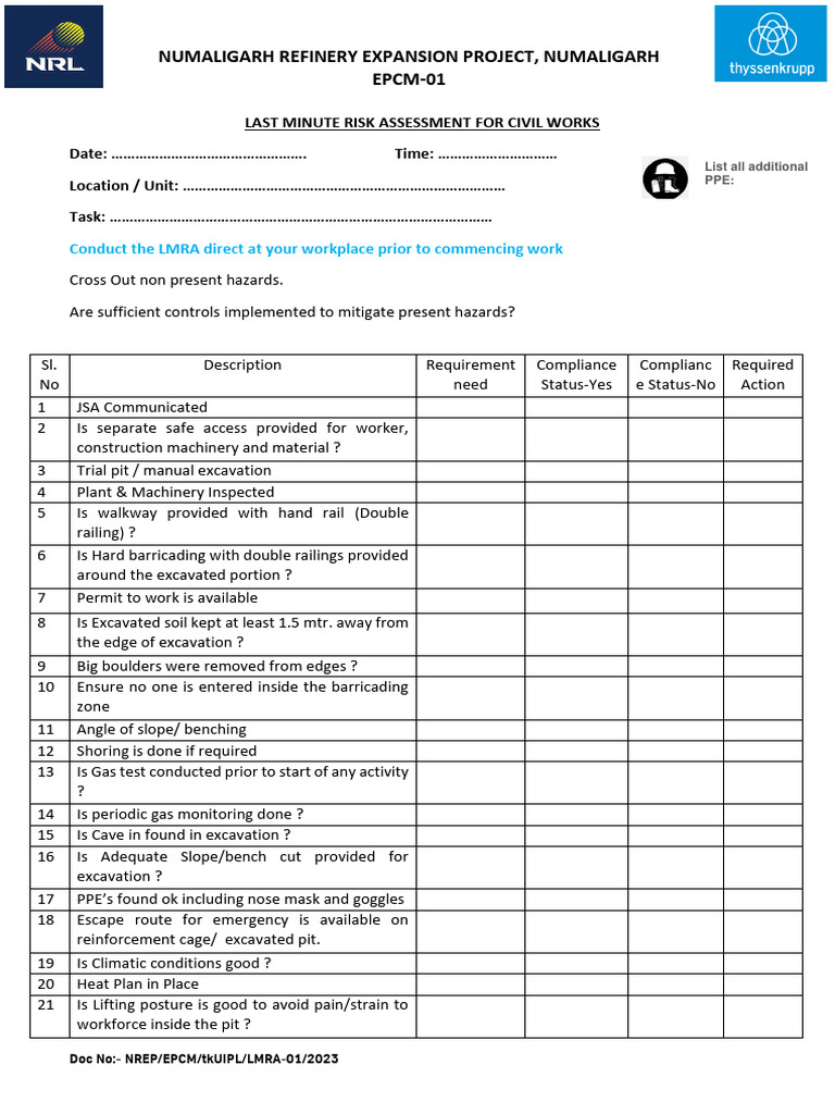 LAST MINUTE RISK ASSESSMENT FORMAT - CIVIL | PDF | Safety ...