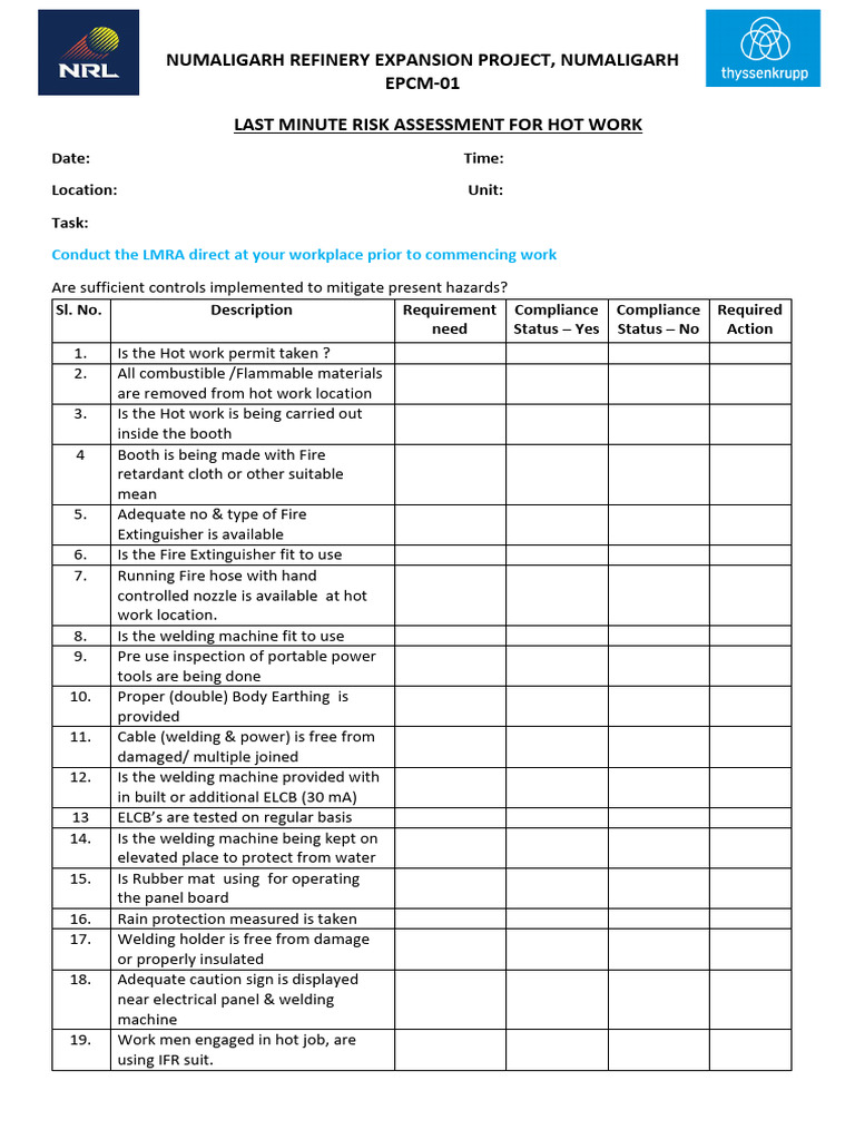 Last Minute Risk Assessment Format - Hot Work | PDF | Fires | Welding