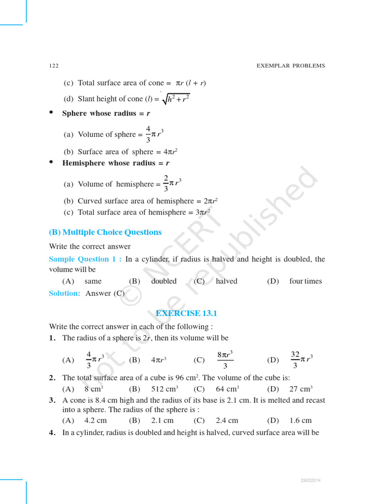 Surface Area Volume MCQ | PDF | Sphere | Area
