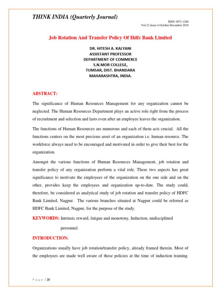Job Rotation Policy at HDFC Bank | PDF | Employment | Sampling (Statistics)