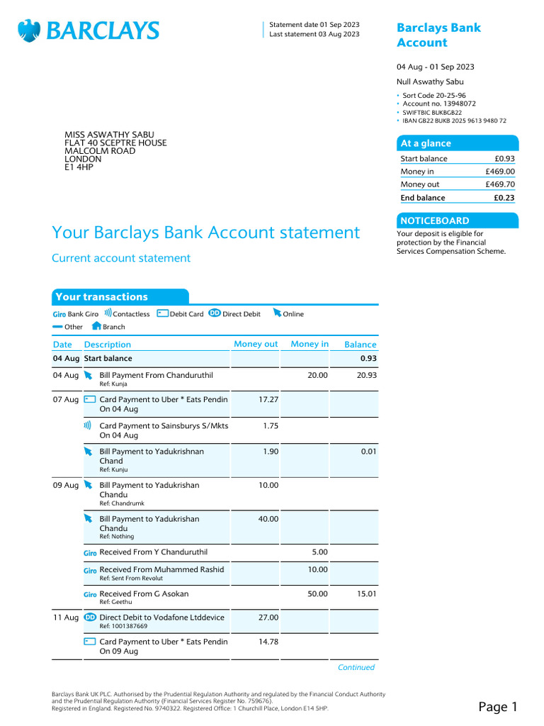 Statement 01-SEP-23 AC 13948072 03042343 | PDF | Overdraft | Debit Card