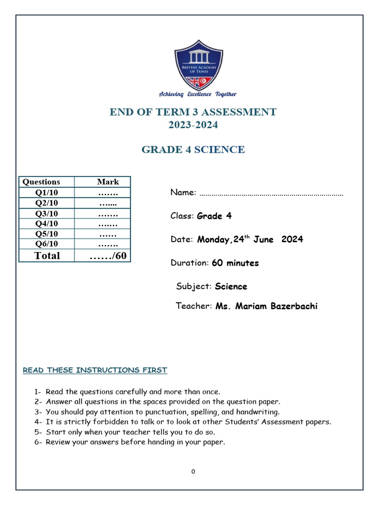 Grade 4 Science Assessment 2024 | PDF | Energy Development | Electricity