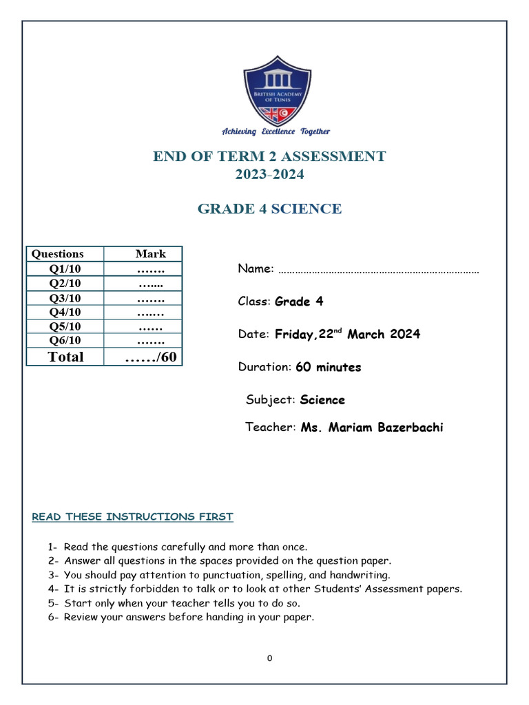 Grade - 4 - Science - End of Term 2 - 23-24 | PDF | Atmosphere Of Earth ...
