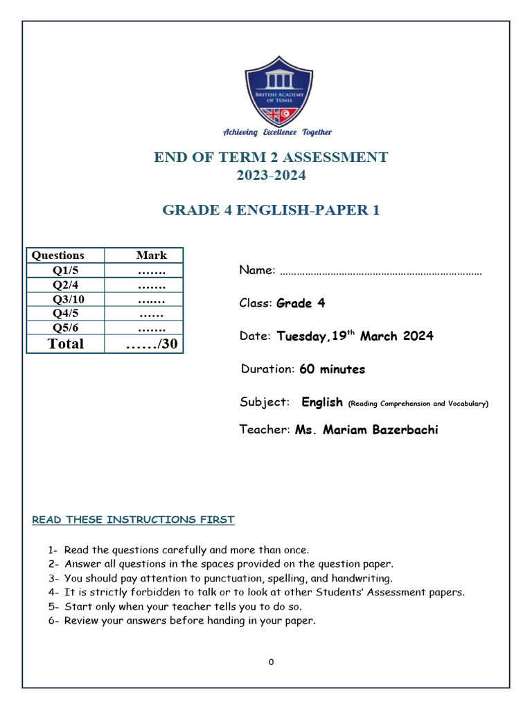 Grade - 4 - Reading Comprehension and Vocab - End of Term 2 - 23-24 ...