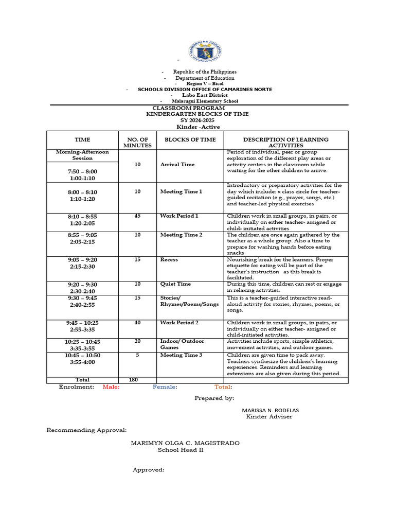 Kindergarten New Class Program | PDF | Teachers | Pedagogy