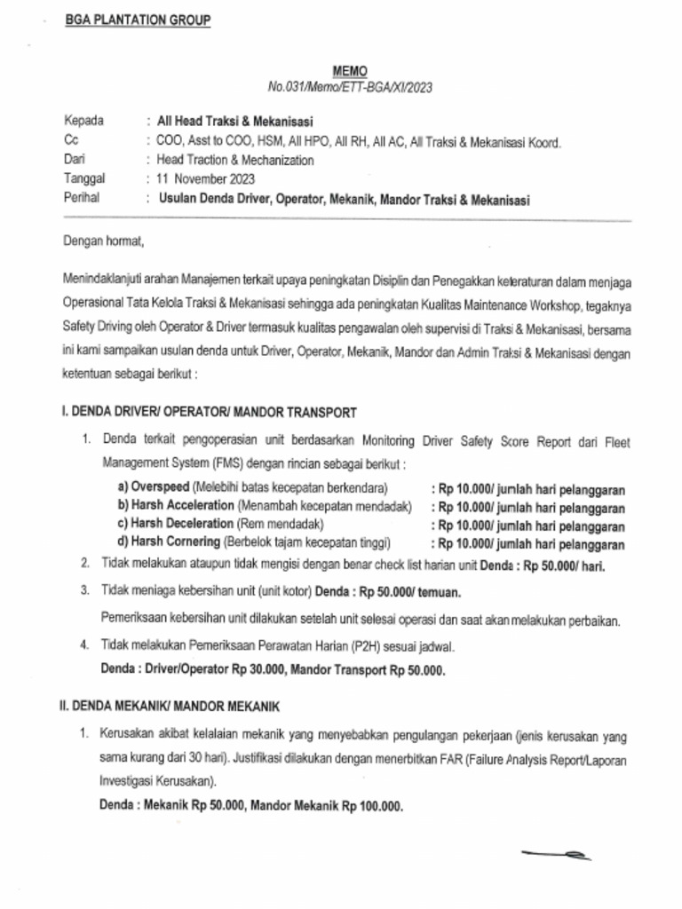 MEMO 031 Usulan Denda Driver, Operator, Mekanik, Mandor Traski & Mekanisasi | PDF