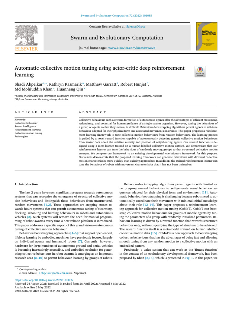 1 Automatic Collective Motion Tuning Using Actor Critic Deep Reinforcement Learning Pdf