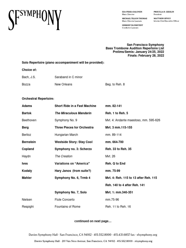 SFS Bass Trombone Repertoire 2021 | PDF | Symphony | Orchestras