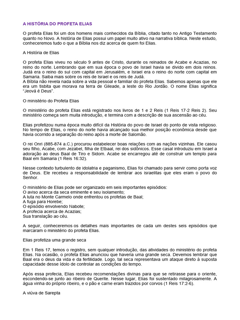 A História Do Profeta Elias | PDF | Elias | Conteúdo bíblico