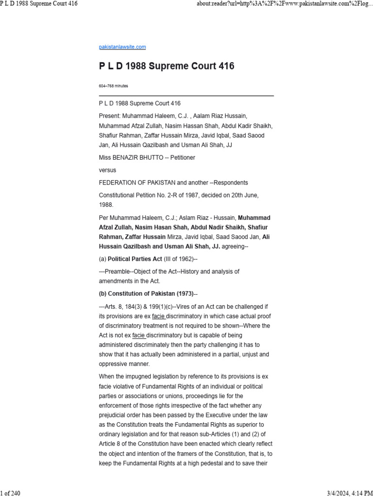 Benazir Bhutt Case 1988 | PDF | Ratification | Precedent