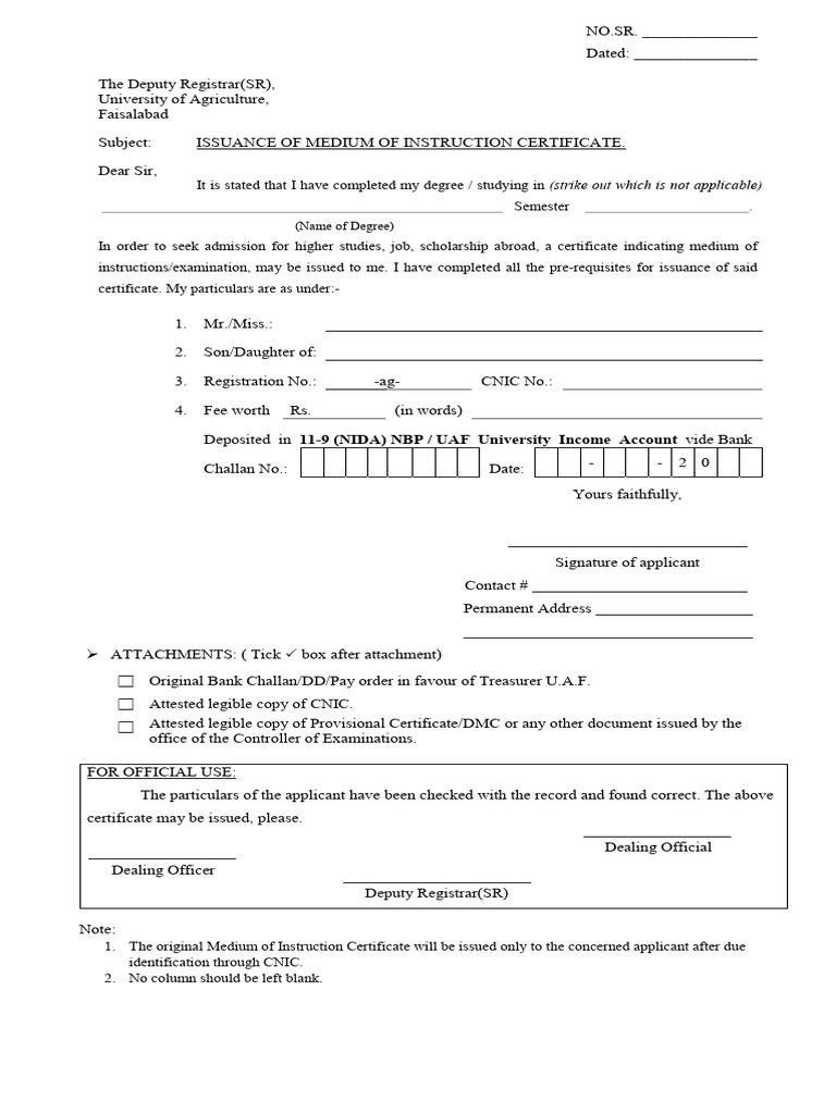 Medium of Instruction Certificate Form | PDF