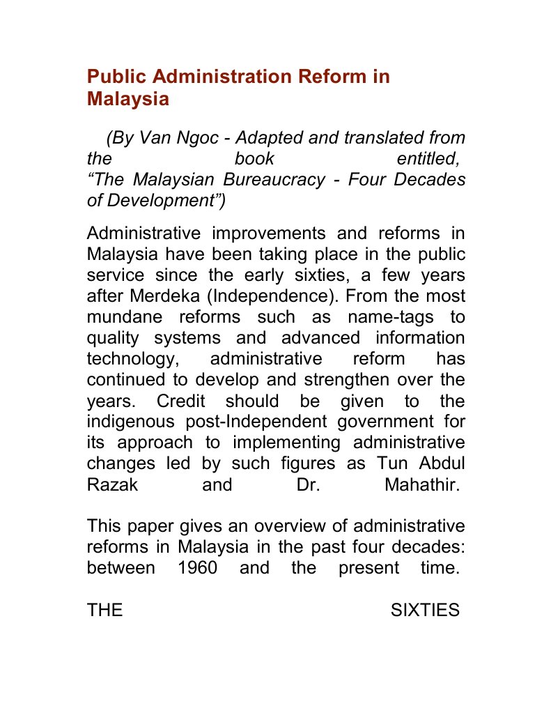 Public Administration Reform in Malaysia | Privatization | Innovation