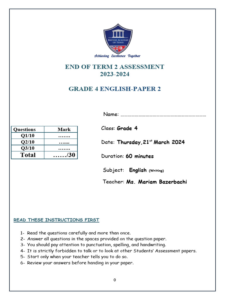 Grade 4 English Assessment Paper 2 | PDF | Vocabulary | Essays