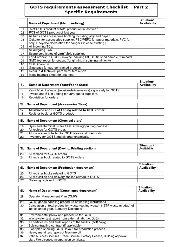 Part 2 Pre Assessment - GOTS-Audit-Checklist | PDF | Safety | Textiles