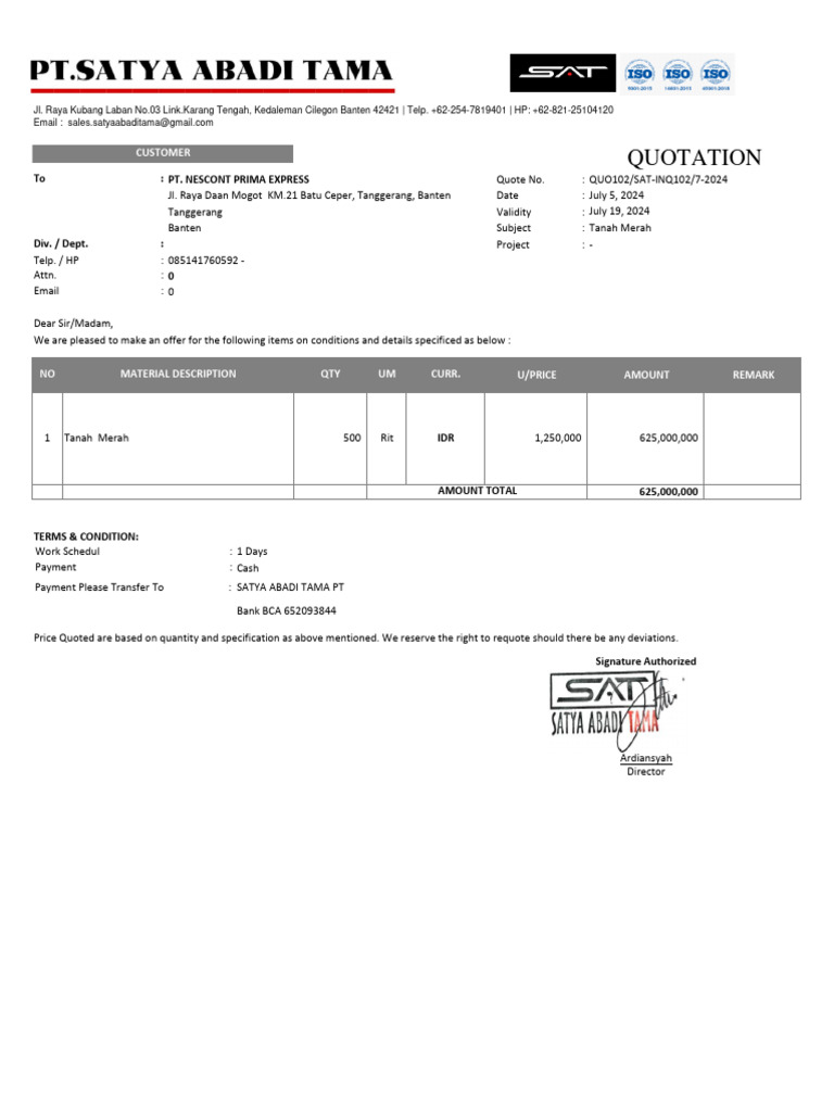 Quotation 102 PT - Satya - PT - Nescont | PDF