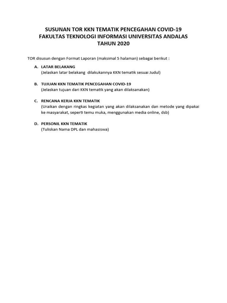 Form TOR KKN Tematik Pencegahan Covid-19 | PDF