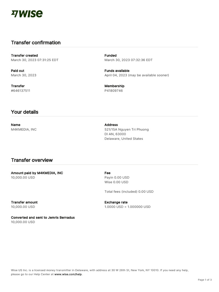 Wise US Transfer Confirmation | PDF | Economies | Banking