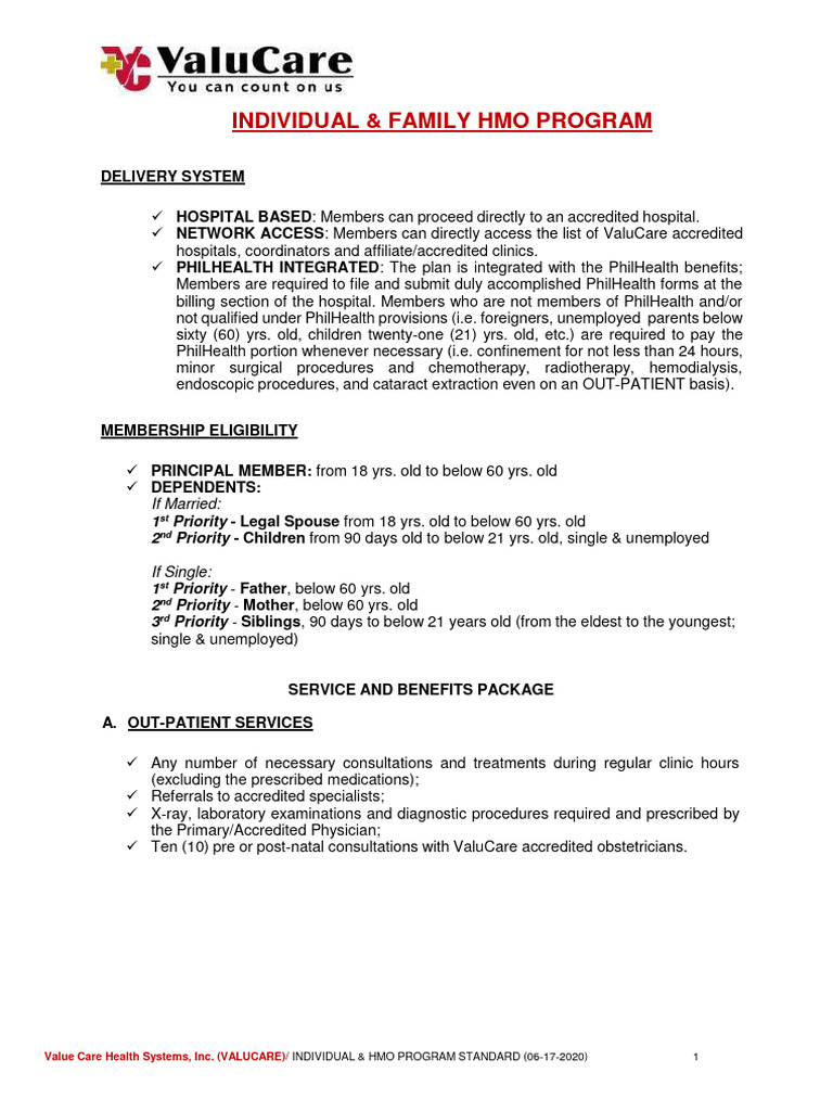 1 Standard Individual Family Hmo Program As of 06172020 | PDF