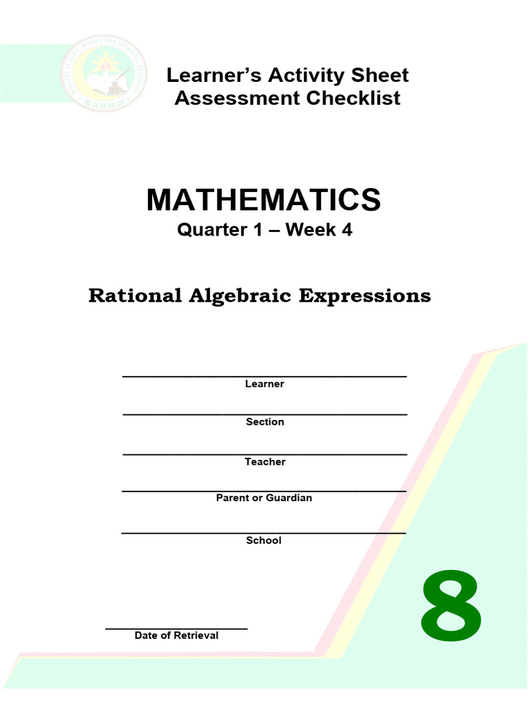Mathematics: Learner's Activity Sheet Assessment Checklist | PDF ...