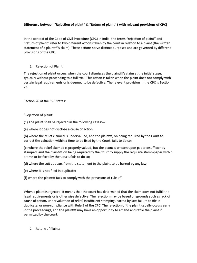 Rejection vs. Return of Plaint in CPC | PDF | Lawsuit | Separation Of ...