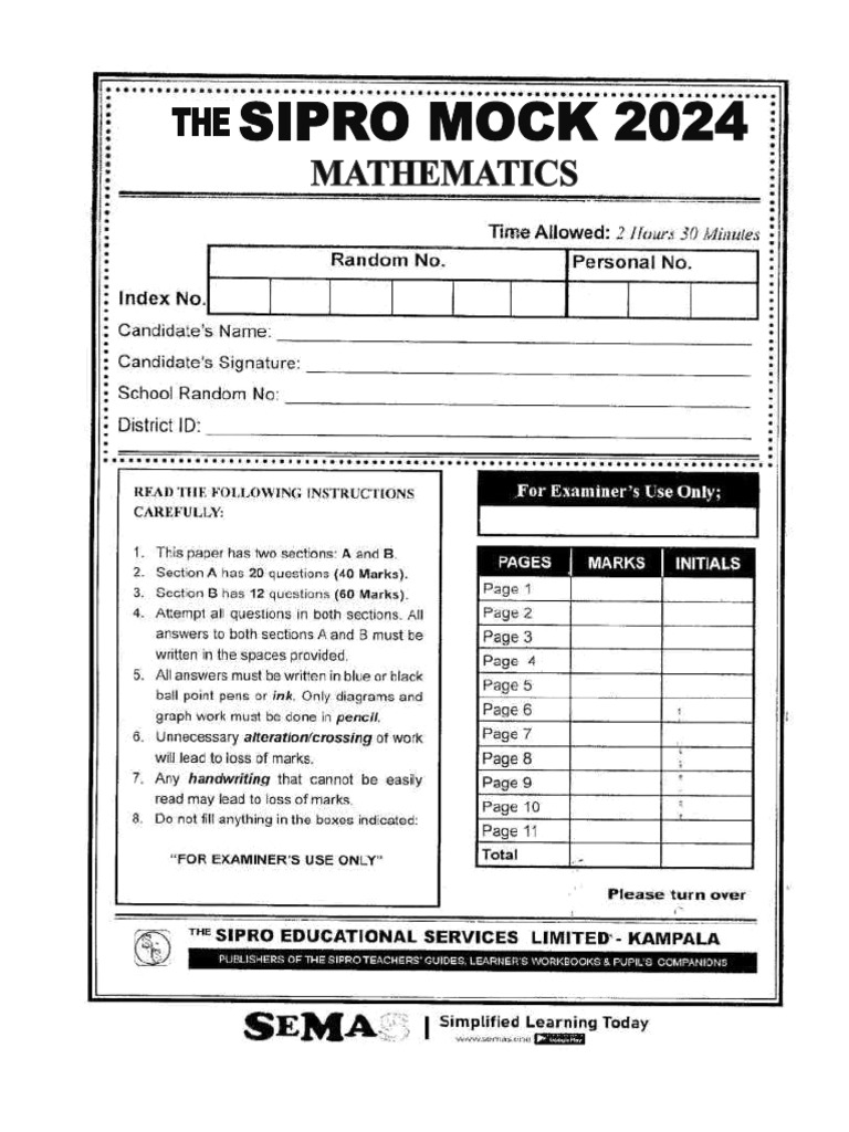 Sipro Mock Math Term 2 2024 PDF | PDF