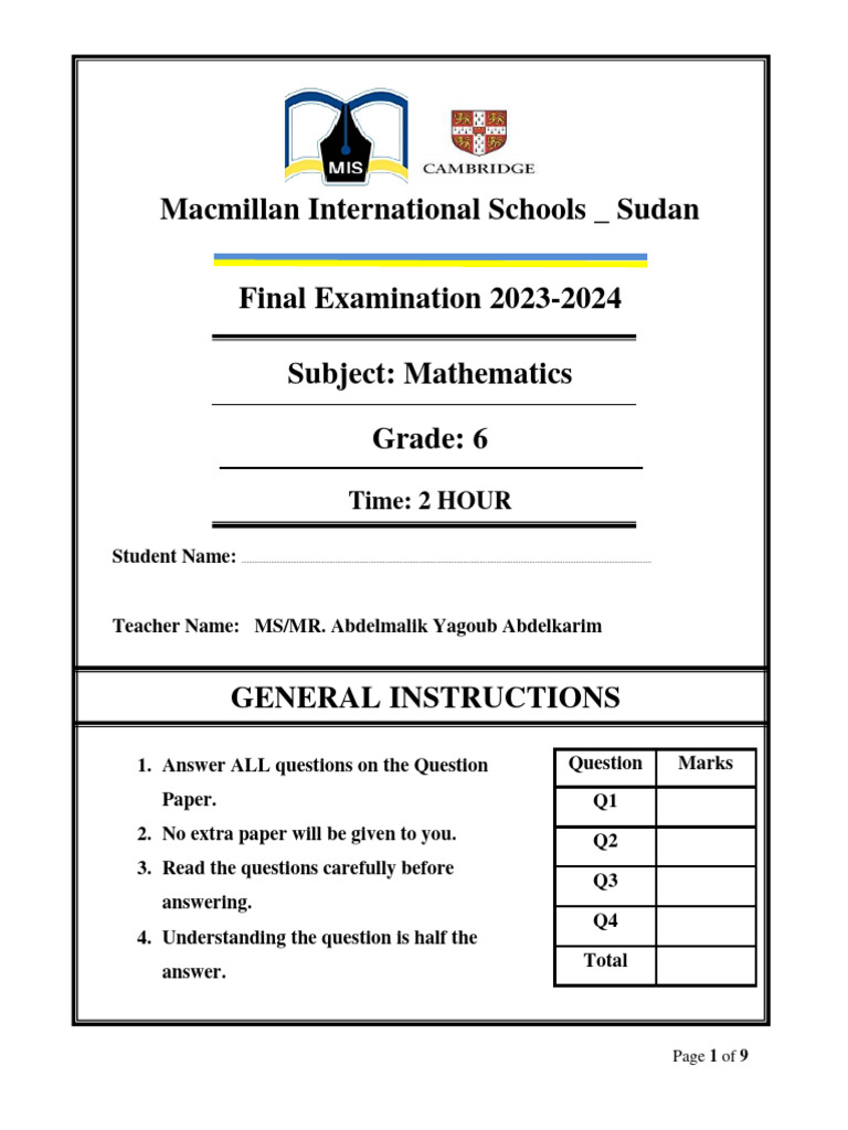 Math-Grade (6) - Final Exam | PDF | Teaching Methods & Materials