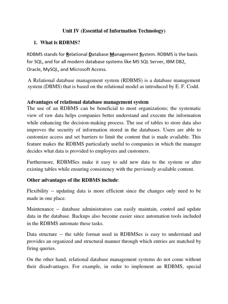 EIT Unit- IV CSE 6th semester | PDF | Relational Database | Databases