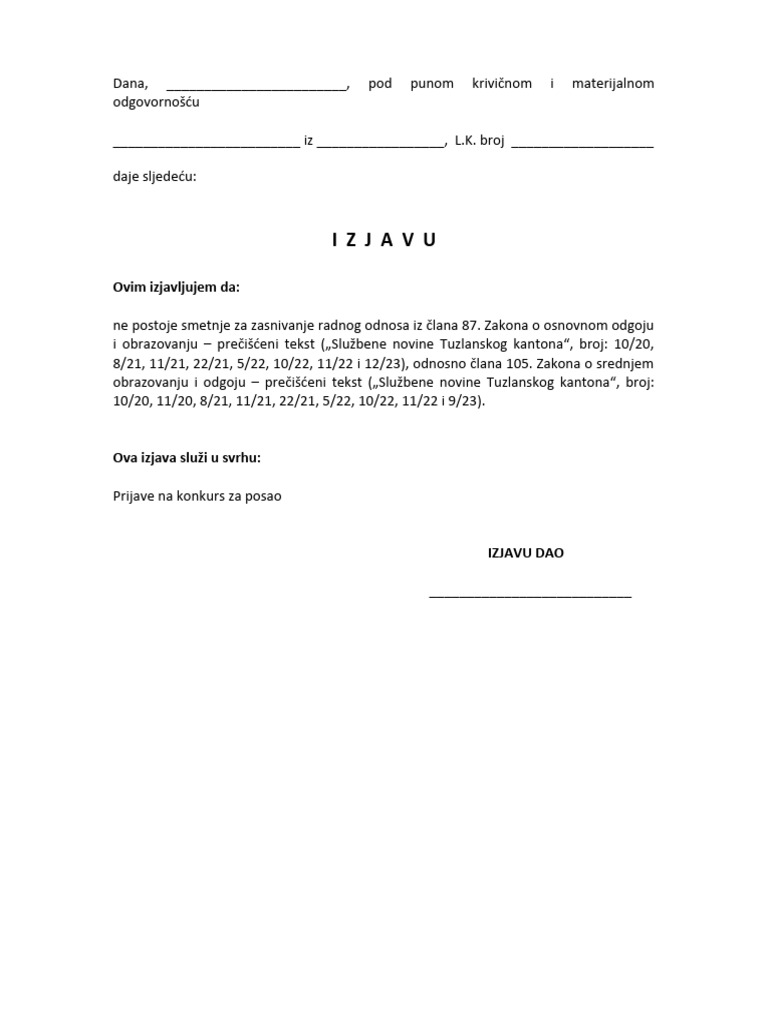 I Z J A V U: Ovim Izjavljujem Da | PDF