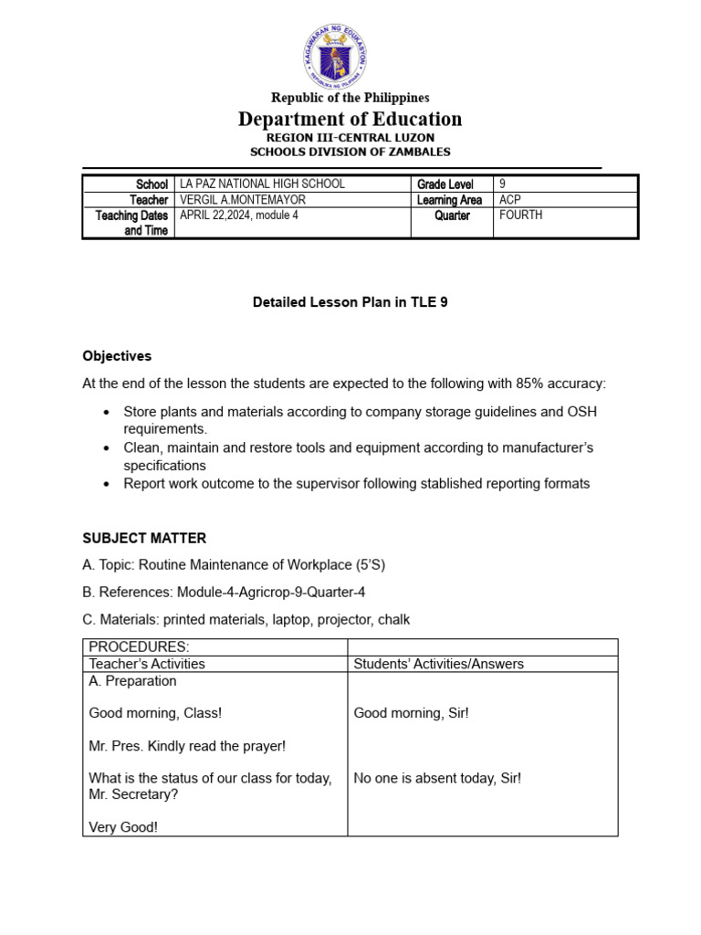 Detailed Lesson Plan in TLE 9 For Demo | PDF | Lesson Plan | Housekeeping