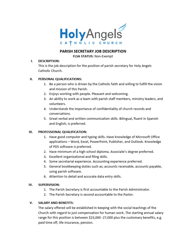 Holy Angels Parish Secretary Job Description | PDF | Salary | Secretary