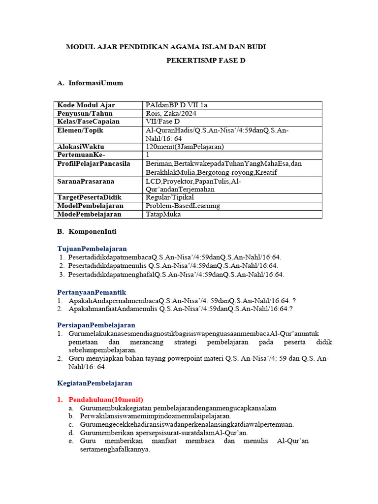 Modul Ajar Pai Dan BP SMP Kelas Vii Bab 1 | PDF