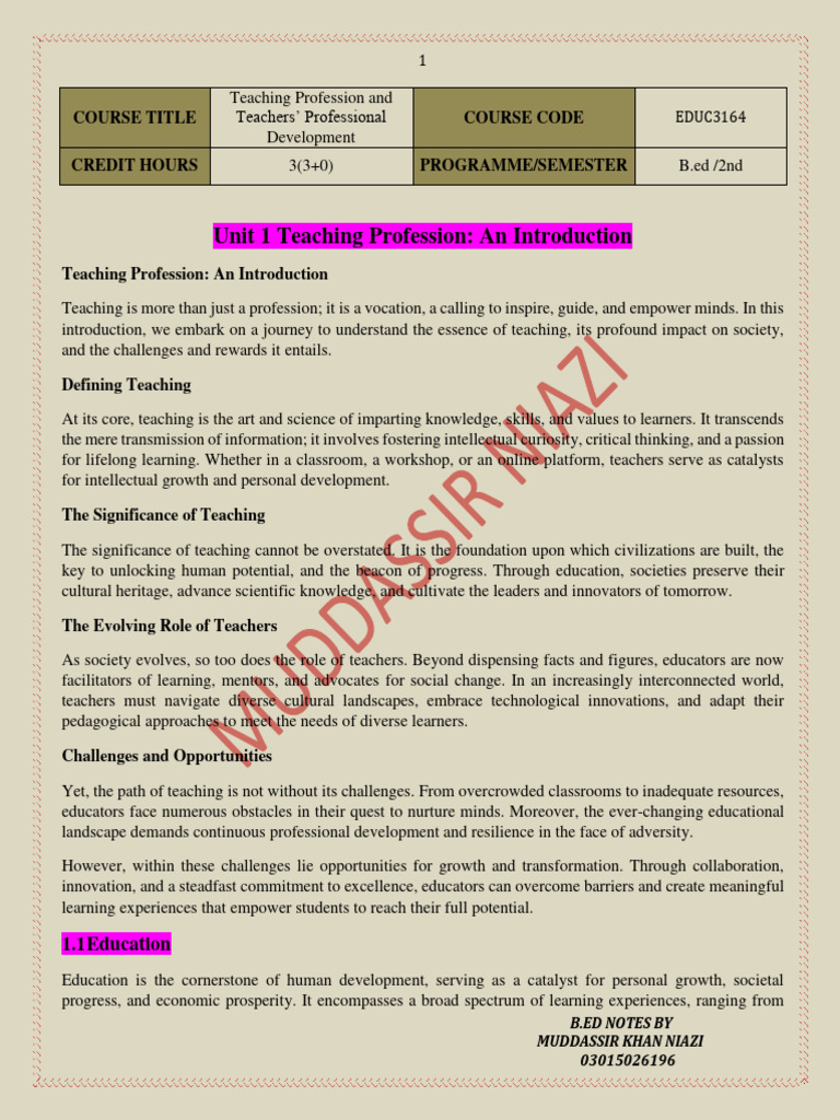 Teaching Profession and Development Notes | PDF | Teachers | Learning