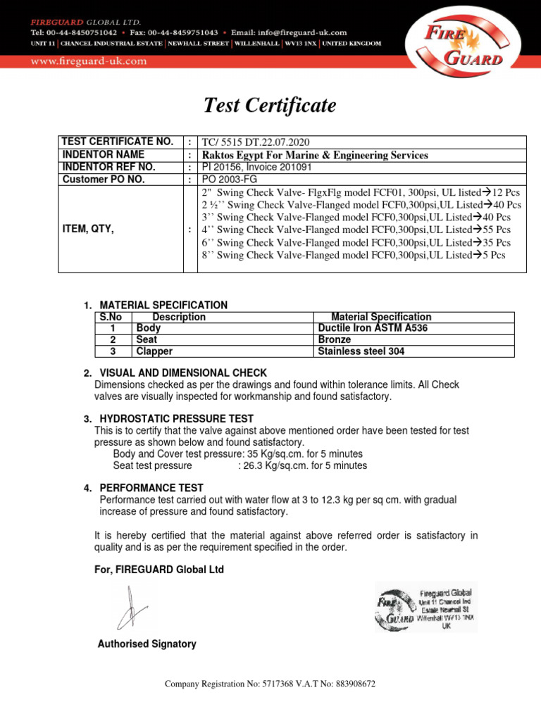 Check Valve Test Certificate Summary | PDF