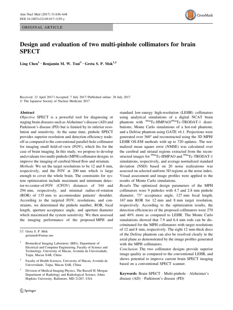 Design And Evaluation Of Two Multi Pinhole Collimators For Brain Spect Pdf Positron Emission
