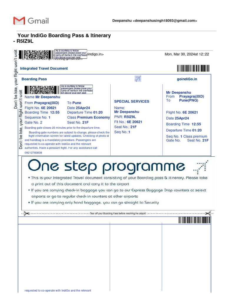 Indigo Boarding Pass Itinerary R5iz9pdf | PDF | Baggage | Airport