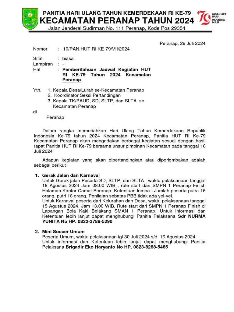 Surat Pemberitahuan Kegiatan Lomba Hut Ri 2024 | PDF