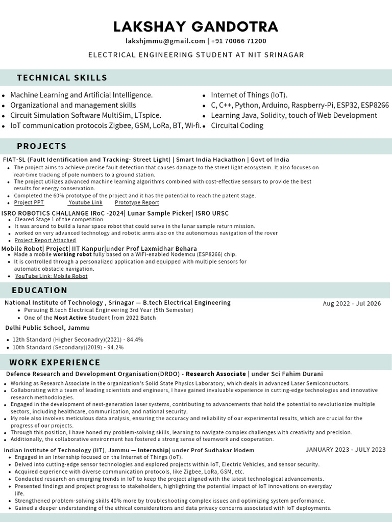 Electrical Engineering Resume Final | PDF | Internet Of Things | Computing