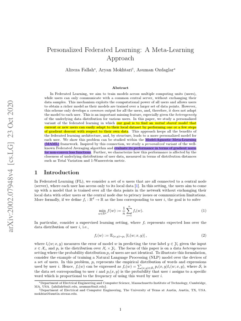 Personalized Federated Learning: A Meta-Learning Approach: Alireza ...