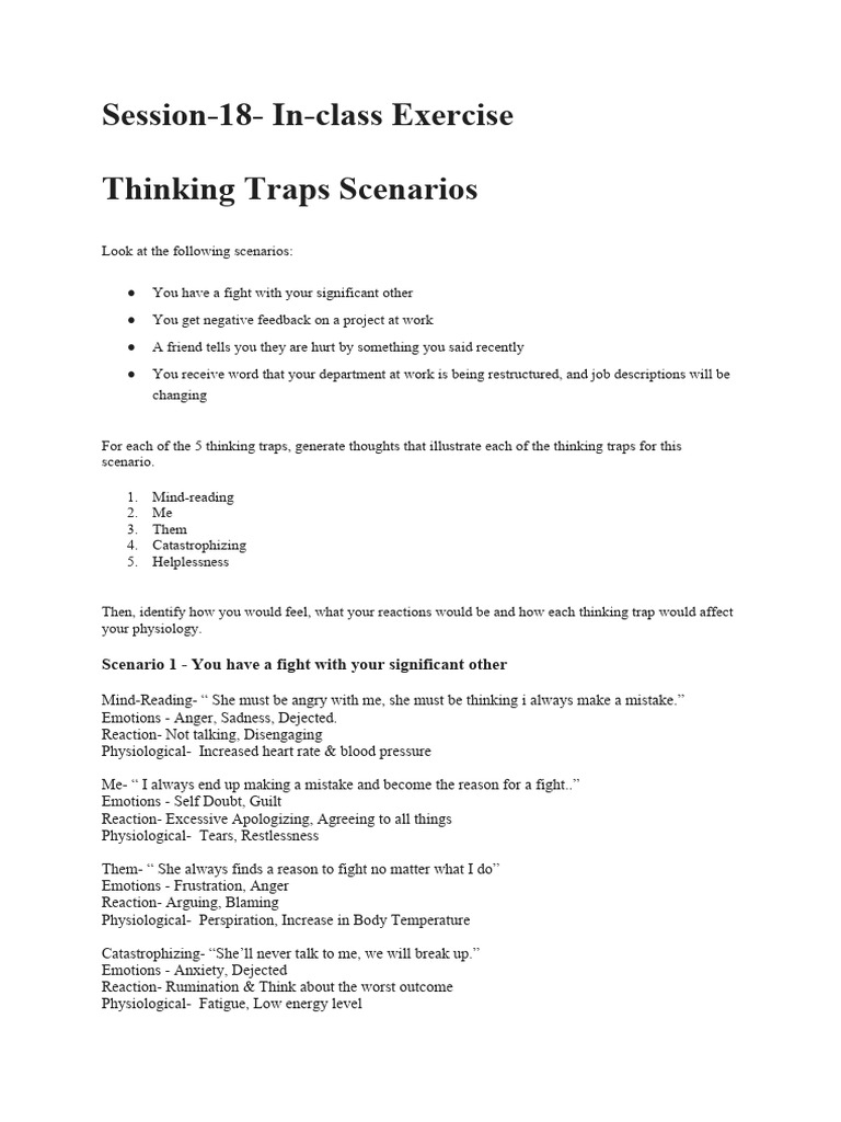 Thinking Traps Scenarios Assignment | PDF | Emotions | Anger