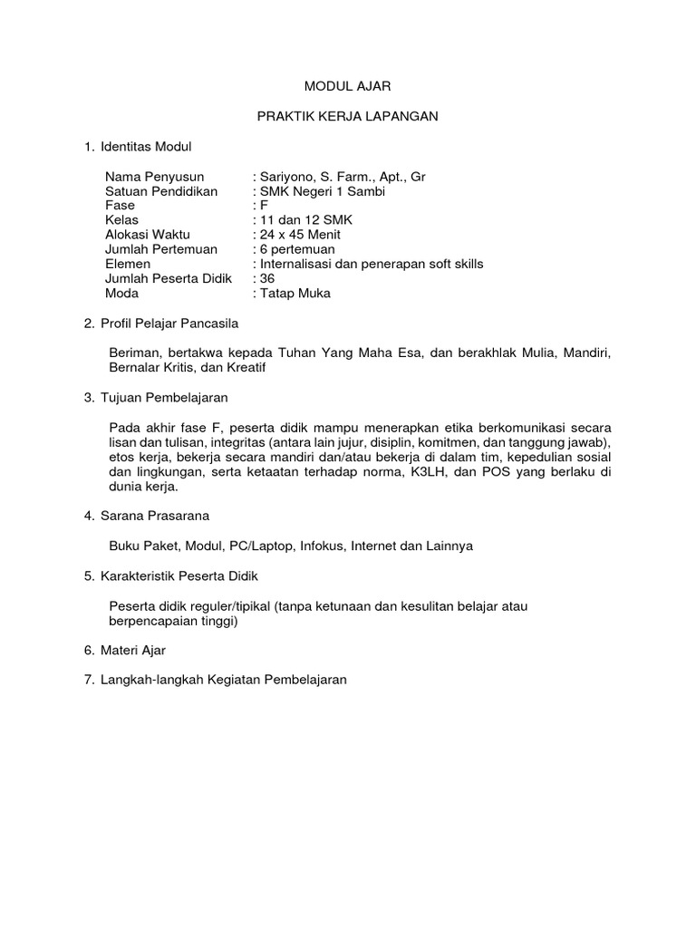 Modul Ajar PKL Farmasi | PDF
