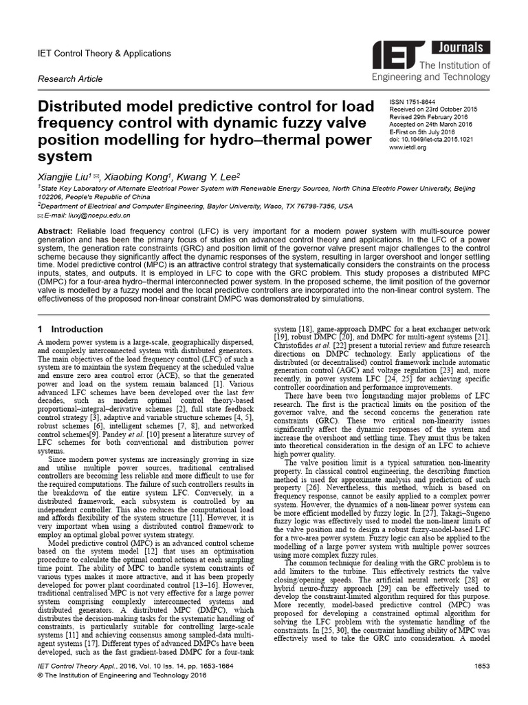 Distributed Model Predictive Control For Load Frequency Control With Dynamic Fuzzy Valve ...