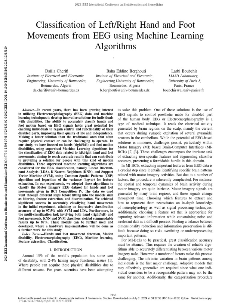 Classification of Left Right Hand and Foot Movements From EEG Using Machine Learning Algorithms ...