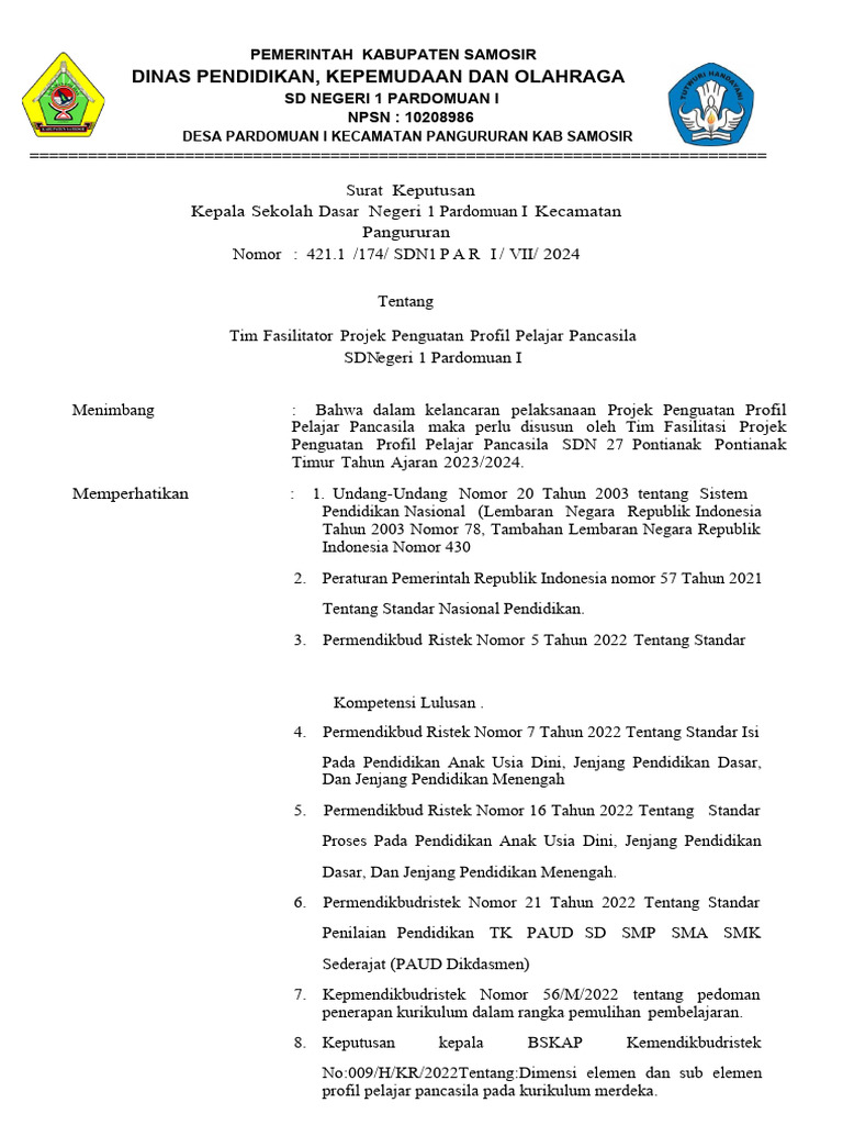 SK Final Koordinator P5 Sdn1pardomuan I | PDF