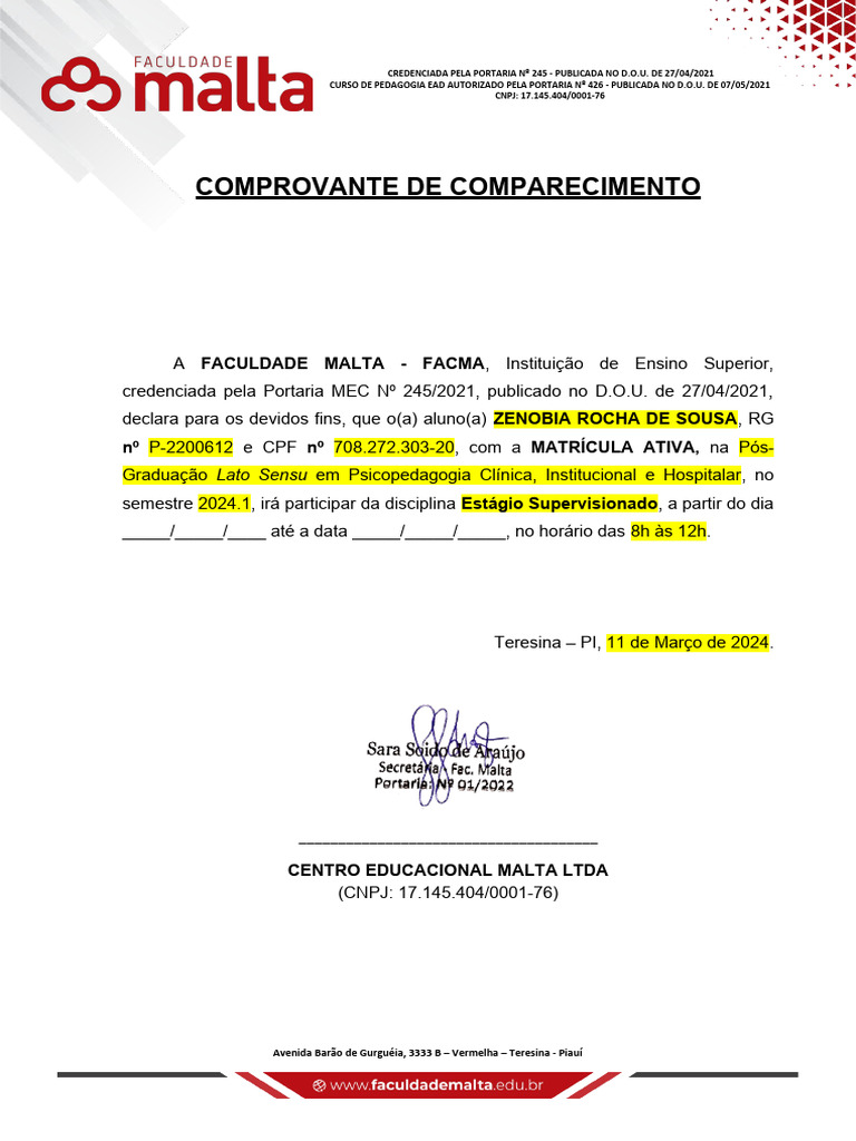 Modelo de Comprovante de Comparecimento de Aula | PDF