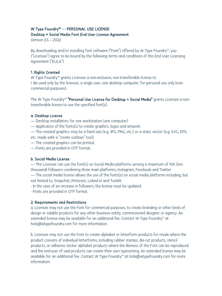 Personal Use License W Type Foundry - 2022 | PDF | License | Business Law